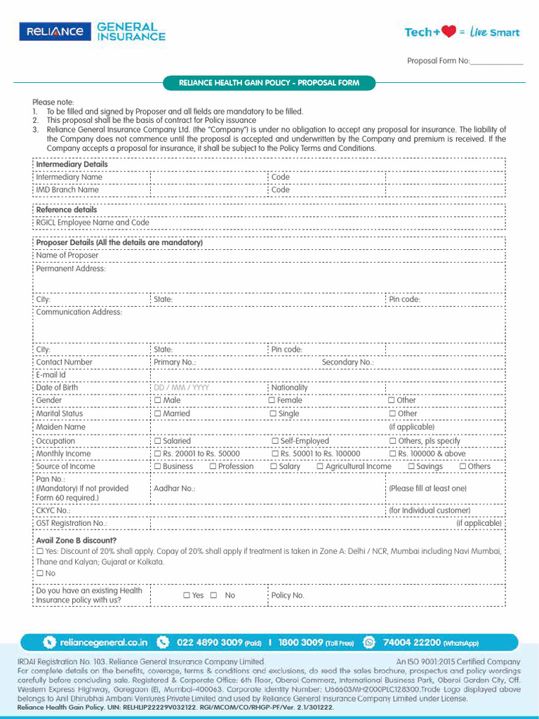 Reliance Health Gain Policy Proposal Form | PDF | Insurance | Payments