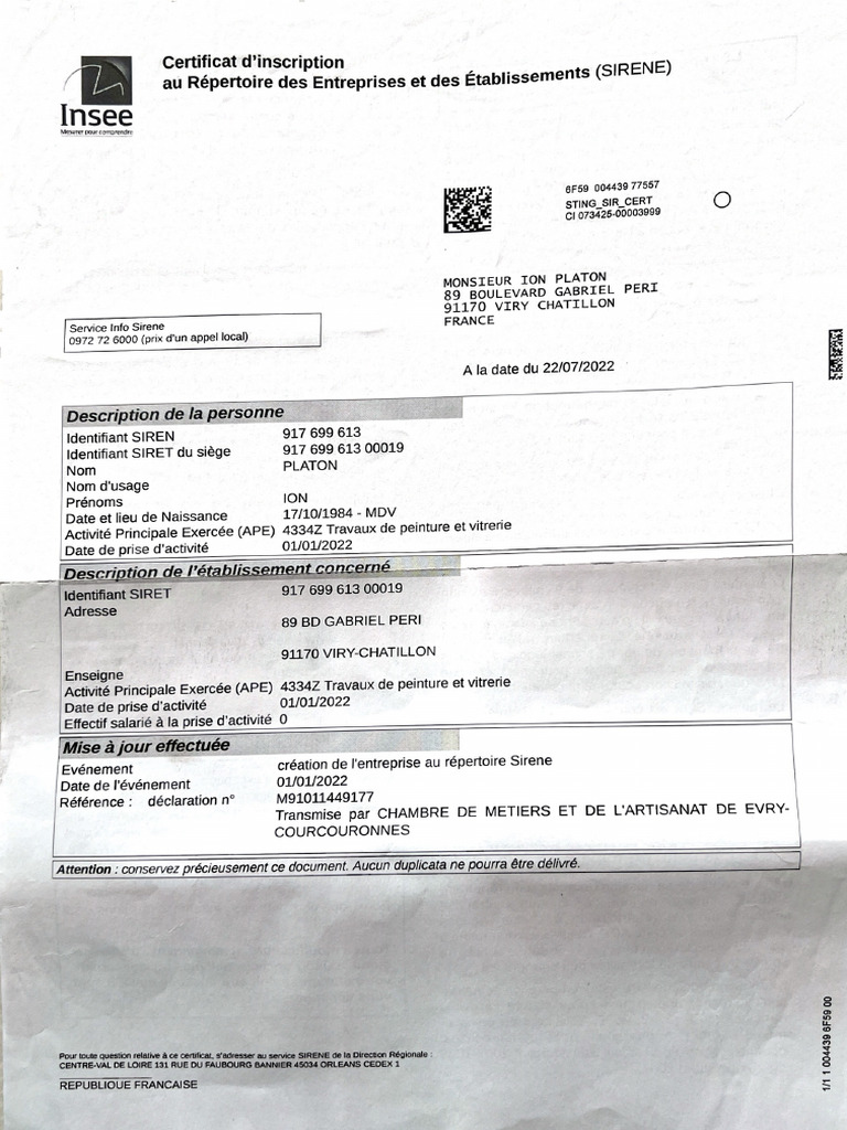 Certificat Inscription Entreprise | PDF