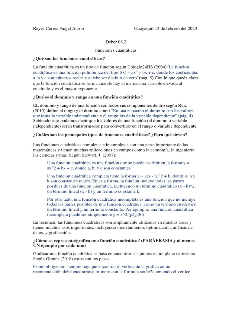 Reyes - Deber 08.2 (Funciones Cuadráticas) | PDF | Variable ...