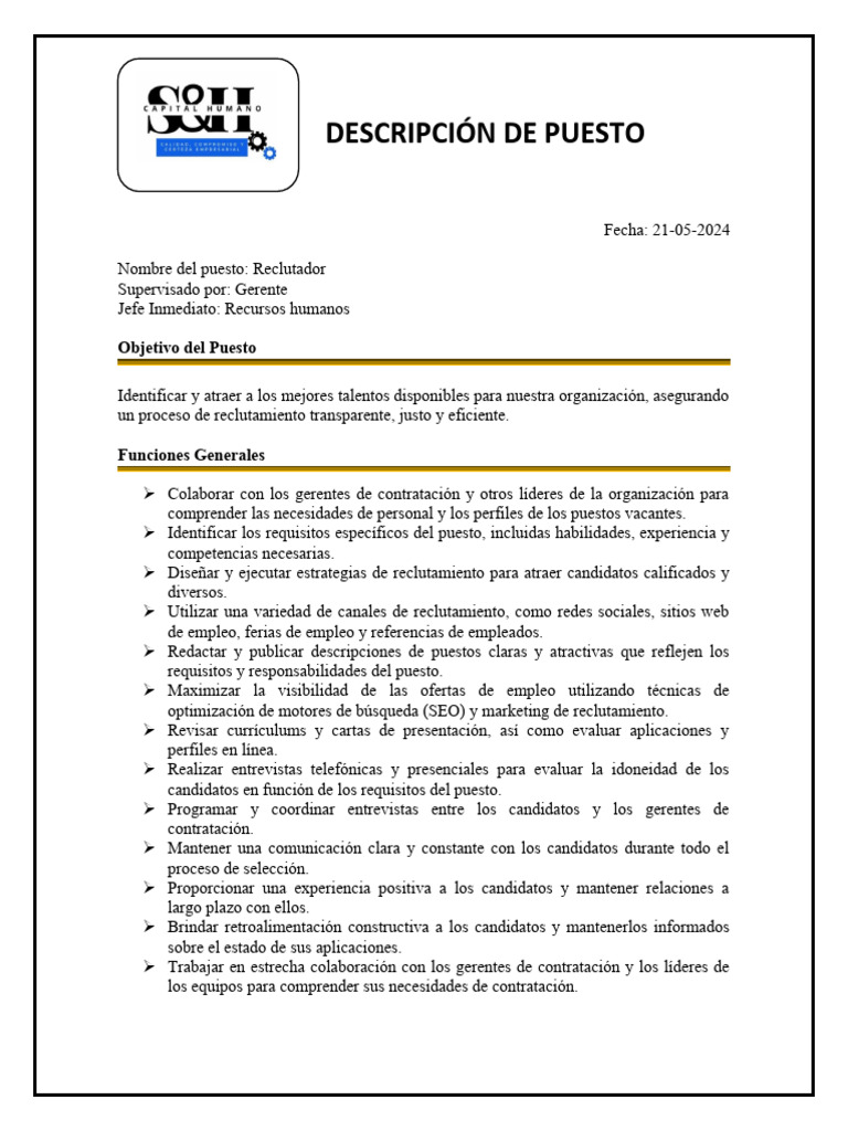 Descripción de Puesto Reclutador | Descargar gratis PDF | Reclutamiento | Gestión de recursos ...