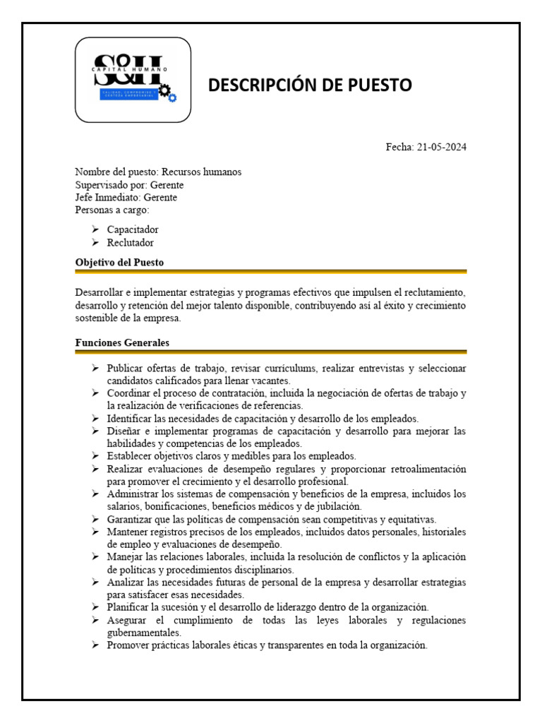 Descripción de Puesto Recursos Humanos | PDF | Gestión de recursos humanos | Economias