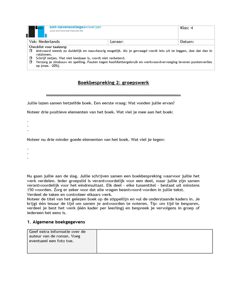 Groepsopdracht - Boekbespreking 4A1 - 4B | PDF