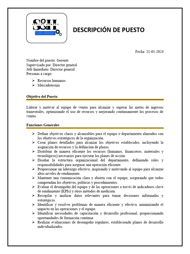 Descripción de Puesto Gerente | PDF | Business | Economias