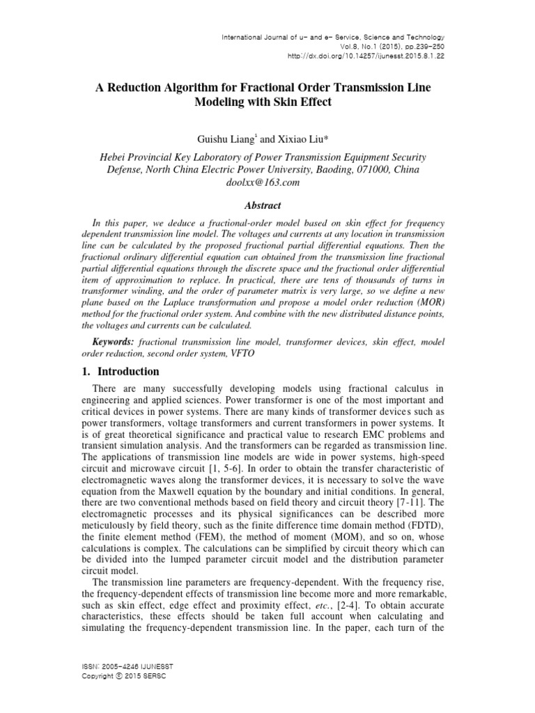 A Reduction Algorithm For Fractional Order Transmission Line Modeling With Skin Effect - Liang ...