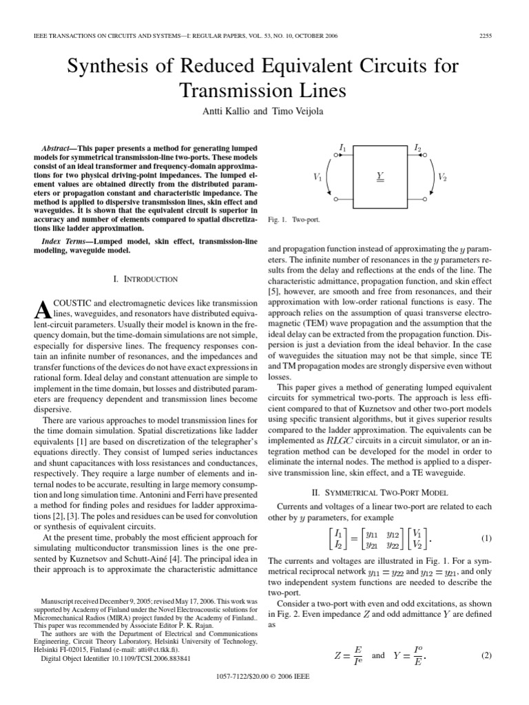 Synthesis of Reduced Equivalent Circuits for Transmission Lines ...