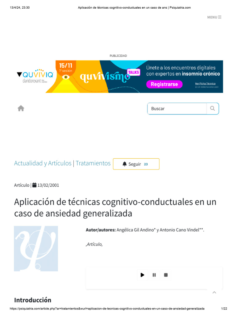 Aplicación de Técnicas Cognitivo-Conductuales en Un Caso de Ans | PDF | Ansiedad | Terapia de ...