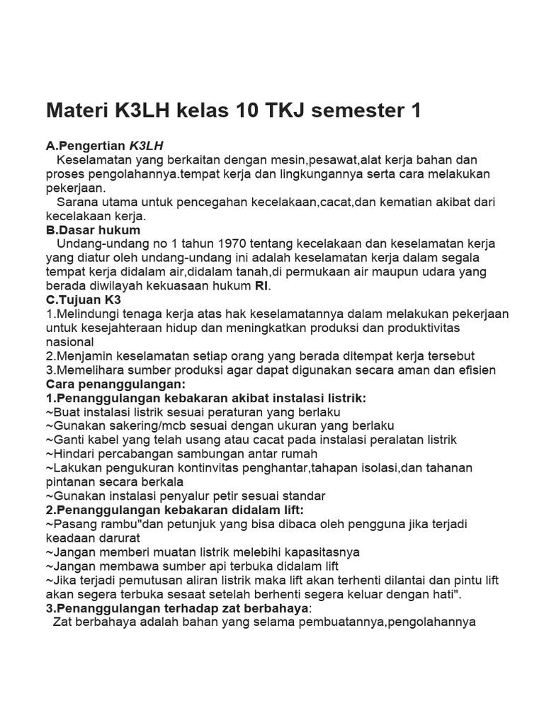 Materi K3LH Kelas 10 TKJ Semester 1 | PDF