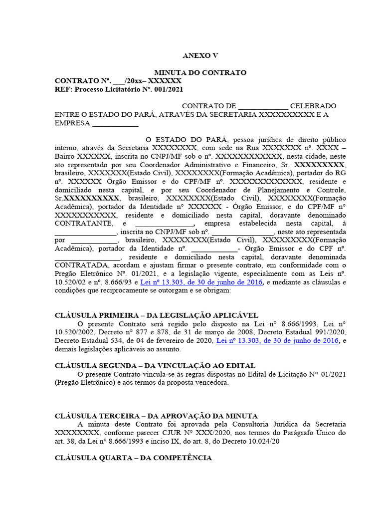 Minuta de Contrato de Licitação 2021 | PDF | Direito Civil (sistema ...