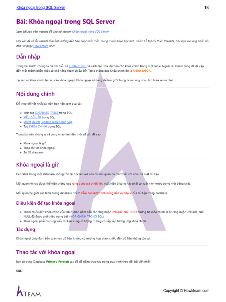 HOWKTEAM - VN - Khóa Ngo I Trong SQL Server | PDF
