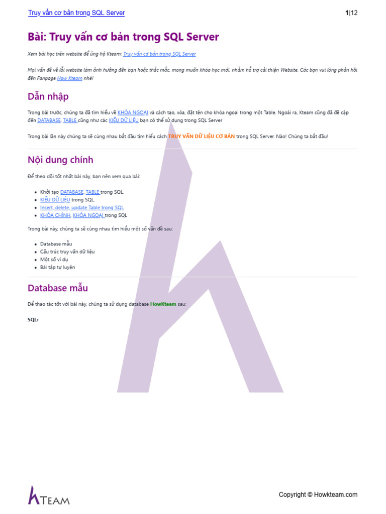 HOWKTEAM.VN - Truy vấn cơ bản trong SQL Server | PDF