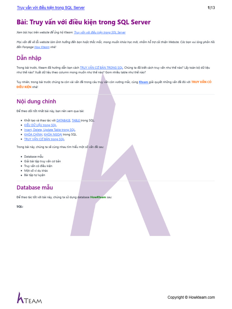 HOWKTEAM.VN - Truy vấn với điều kiện trong SQL Server | PDF