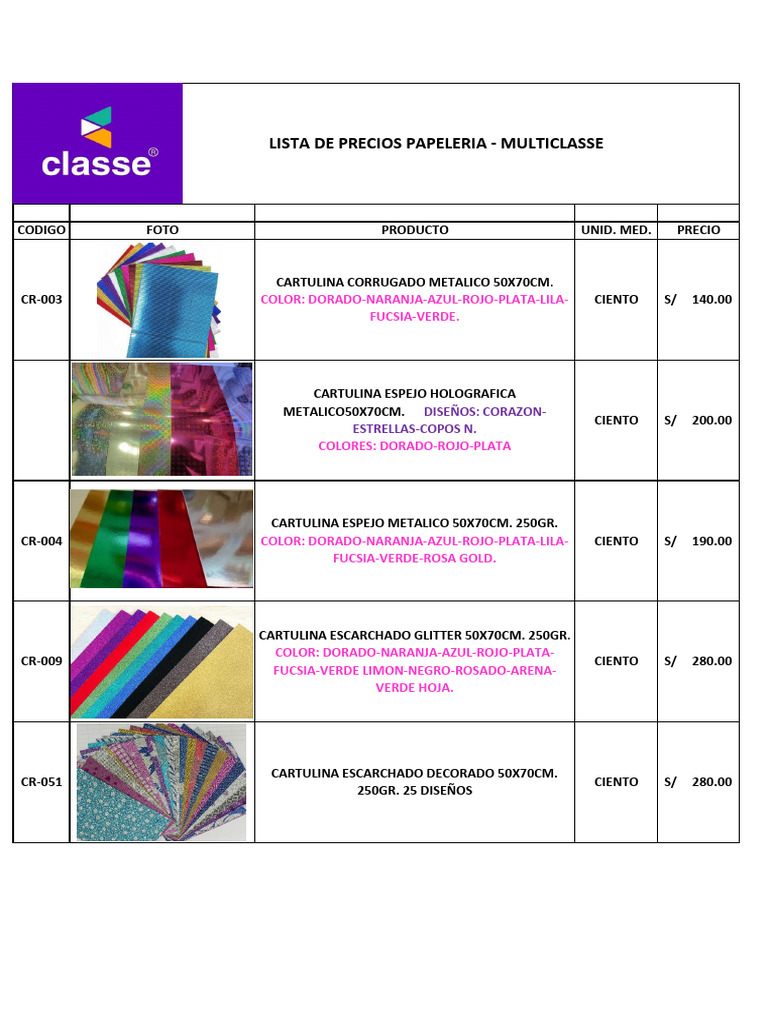 Lista de Precios Papeleria - Multiclasse: Color: Dorado-Naranja-Azul-Rojo-Plata-Lila-Fucsia ...