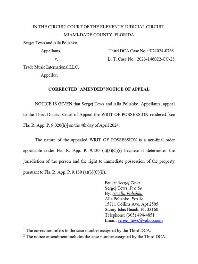 Corrected Amended Notice of Appeal Certified W Writ of Possession | PDF | Appeal | Miami Dade County