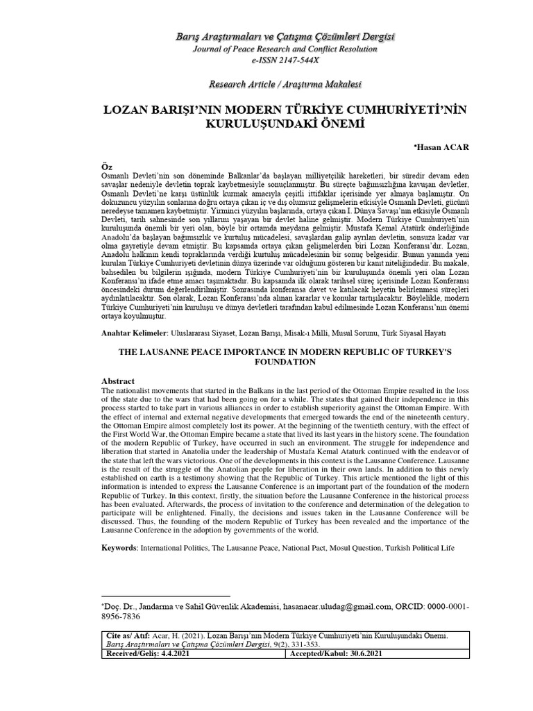 Lozan Barişi'Nin Modern Türkiye Cumhuriyeti'Nin Kuruluşundaki Önemi | PDF