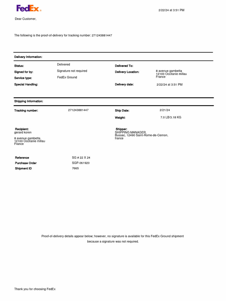 FedEx Proof of Delivery Receipt | PDF