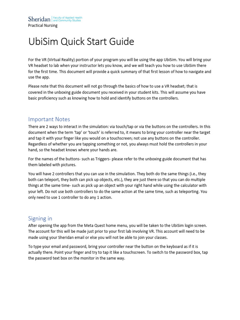 Nursing UbiSim Quick Start Guide-1 | PDF | Virtual Reality | Touchscreen