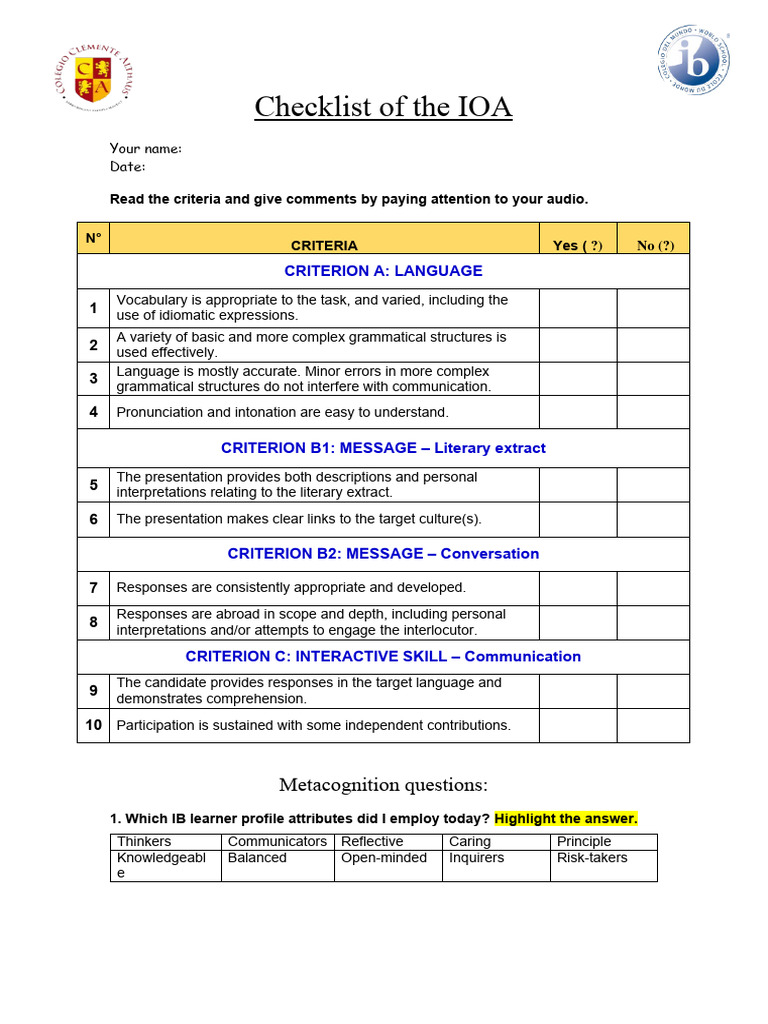 TASK 5 - Checklist of the IOA | PDF | Communication | Literacy