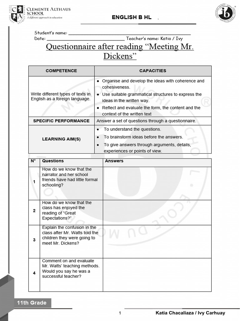 TASK 3 - Questionnaire AFTER reading Meeting Mr. Dickens | Download ...