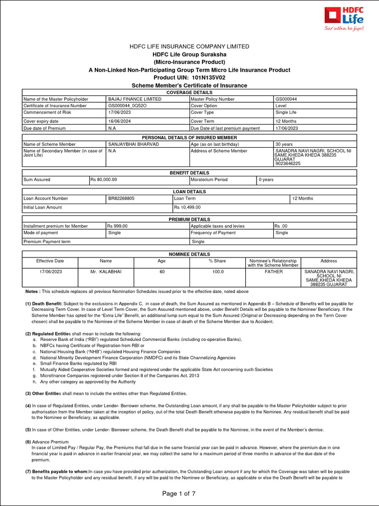 Certificate of Insurance - 20 - 24 - 29 | PDF | Insurance | Life Insurance