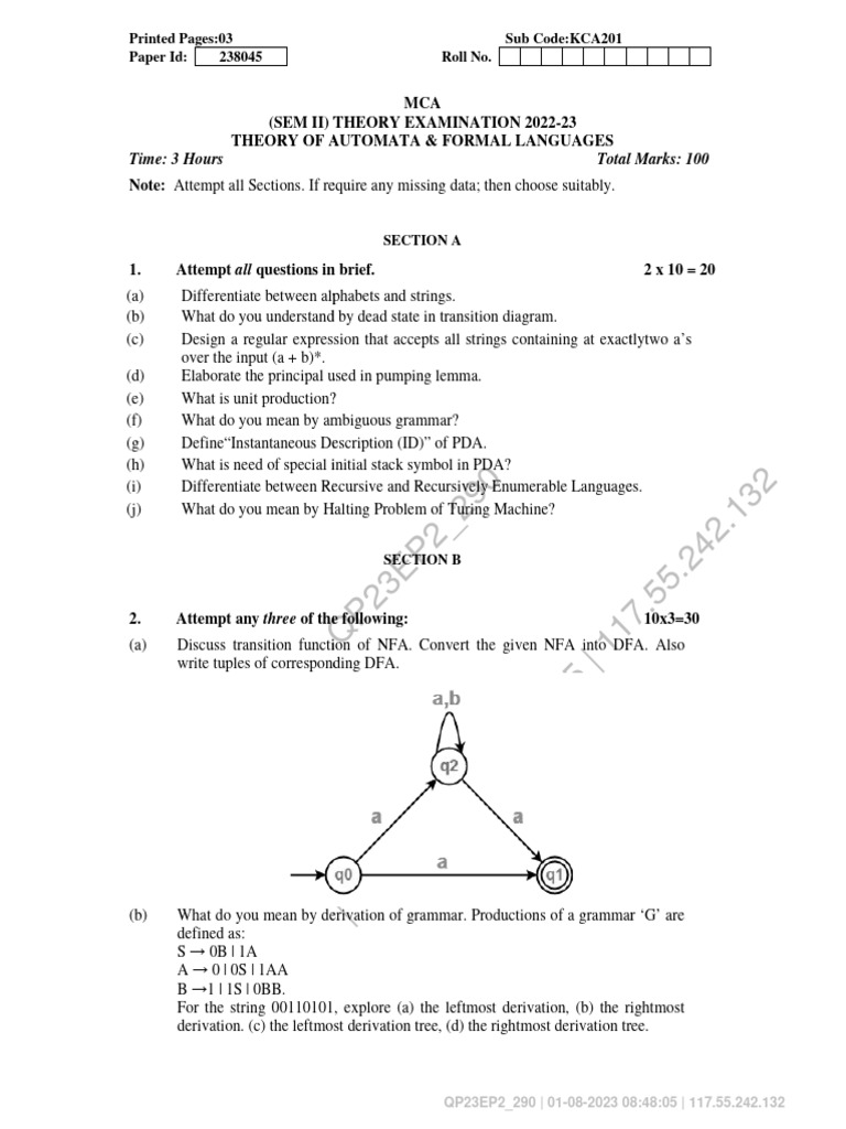 Mca 2 Sem Theory of Automata Formal Languages Kca201 2023 | Download ...