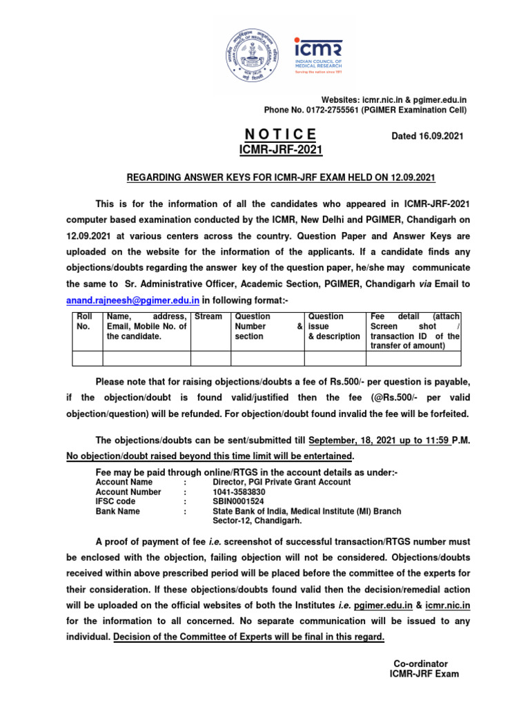 ICMR-JRF 2021 Exam Answer Keys Notice | PDF | Immune System | Adaptive ...