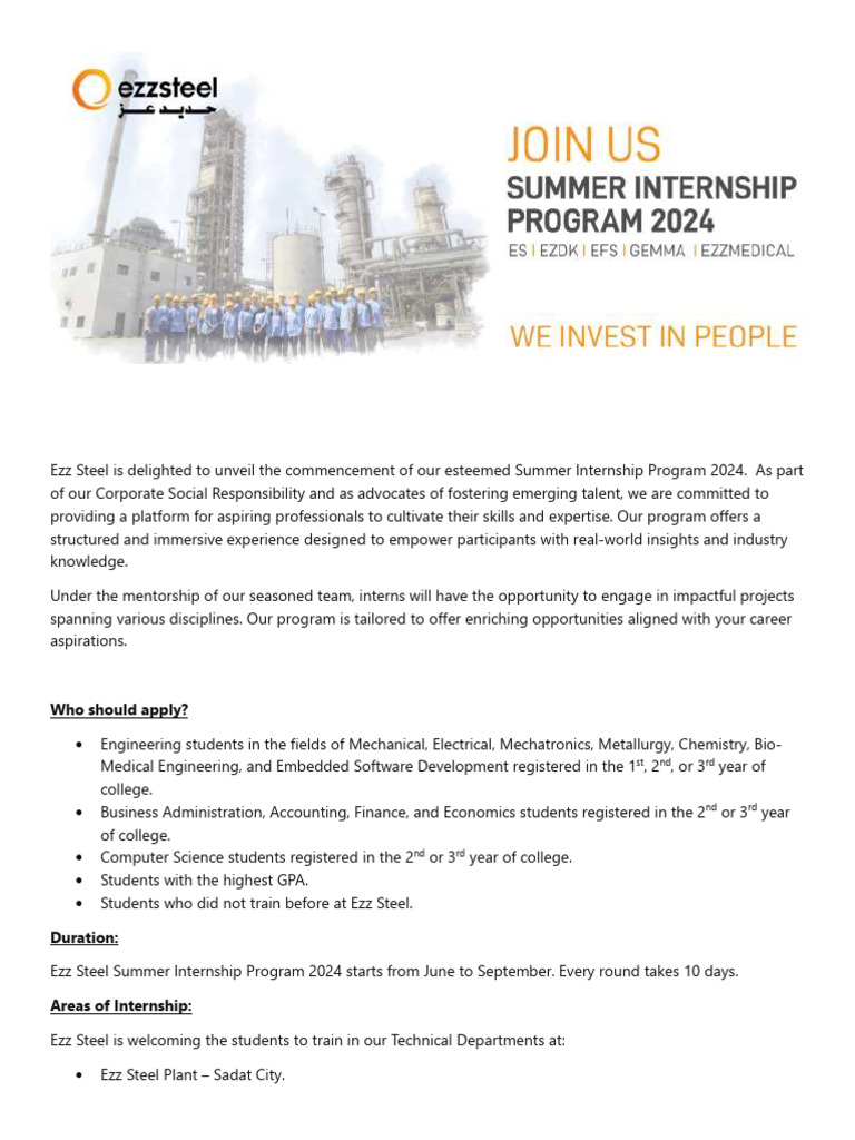 Ezz Steel Summer Internship 2024 Program | PDF | Business | Finance ...