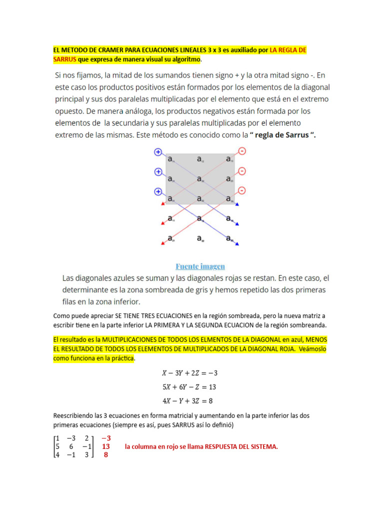 Método de Cramer y Regla de Sarrus | PDF | Determinante | Matriz ...