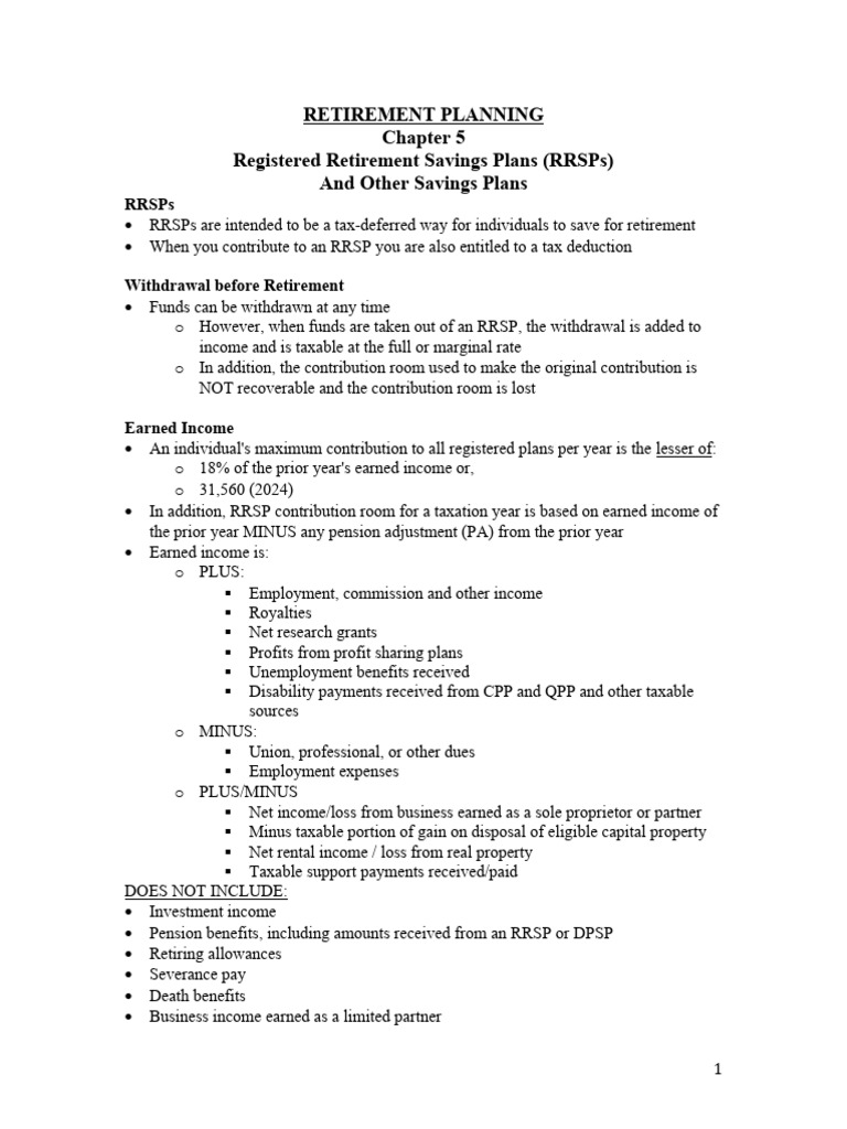 Retirement Planning CH 5 (RRSPS) 2024 | PDF | Taxes | Money