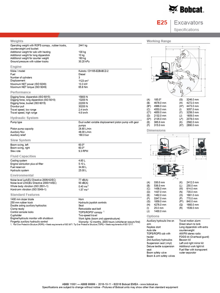 Bobcat E25 Mini Digger Specs | PDF | Vehicle Technology | Engines