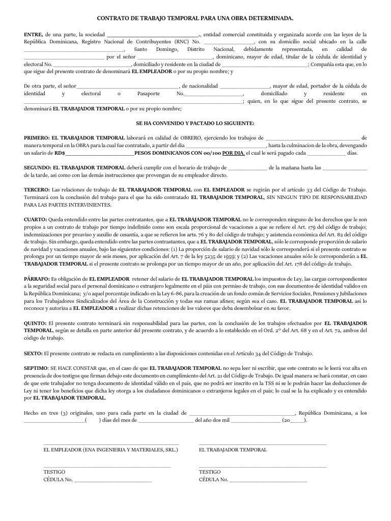 Modelo CONTRATO DE TRABAJO TEMPORAL PARA UNA OBRA DETERMINADA | PDF | Documento de identidad ...