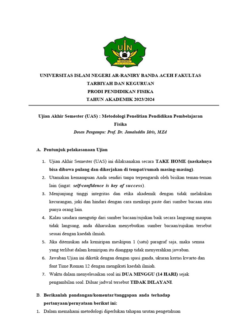 Soal Dan Jawaban UAS Metpen Prodi Fisika (Sara Ulfia) MK Prof. Jamal | PDF | Karier & Perkembangan