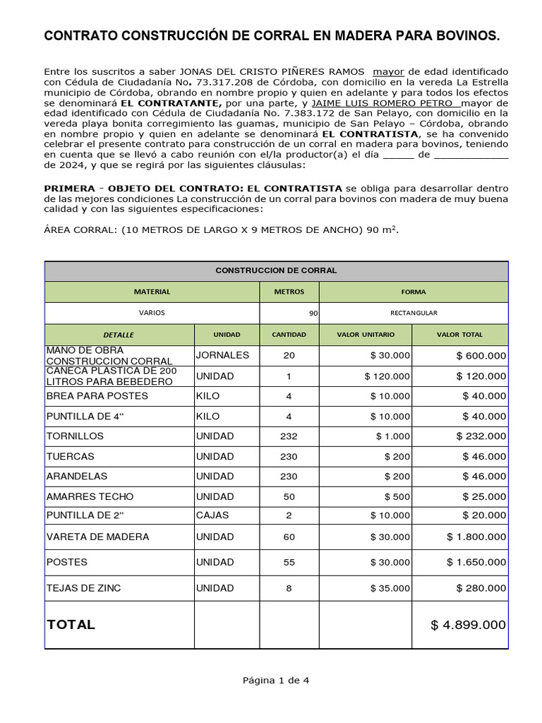 Contrato para Construcción de Corral | PDF | Ley común | Derecho civil ...