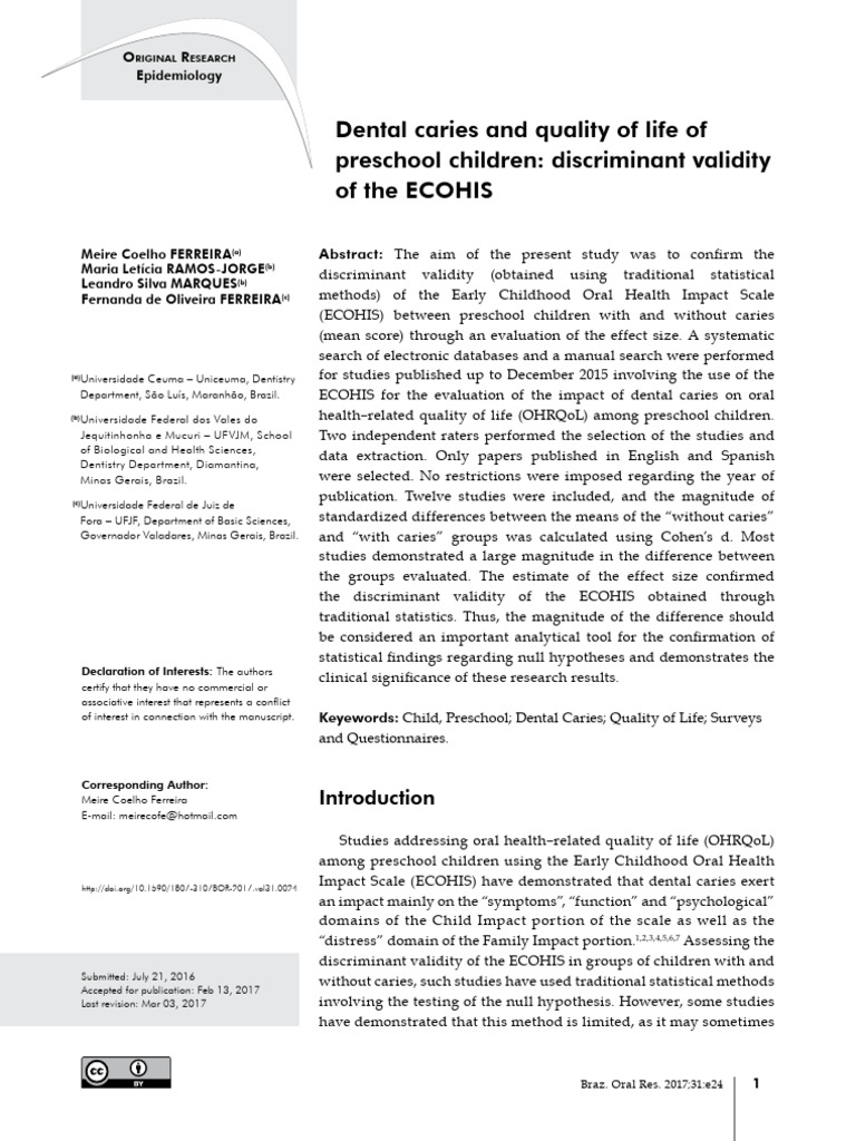 Dental Caries and Quality of Life of Preschool Children - Discriminant ...