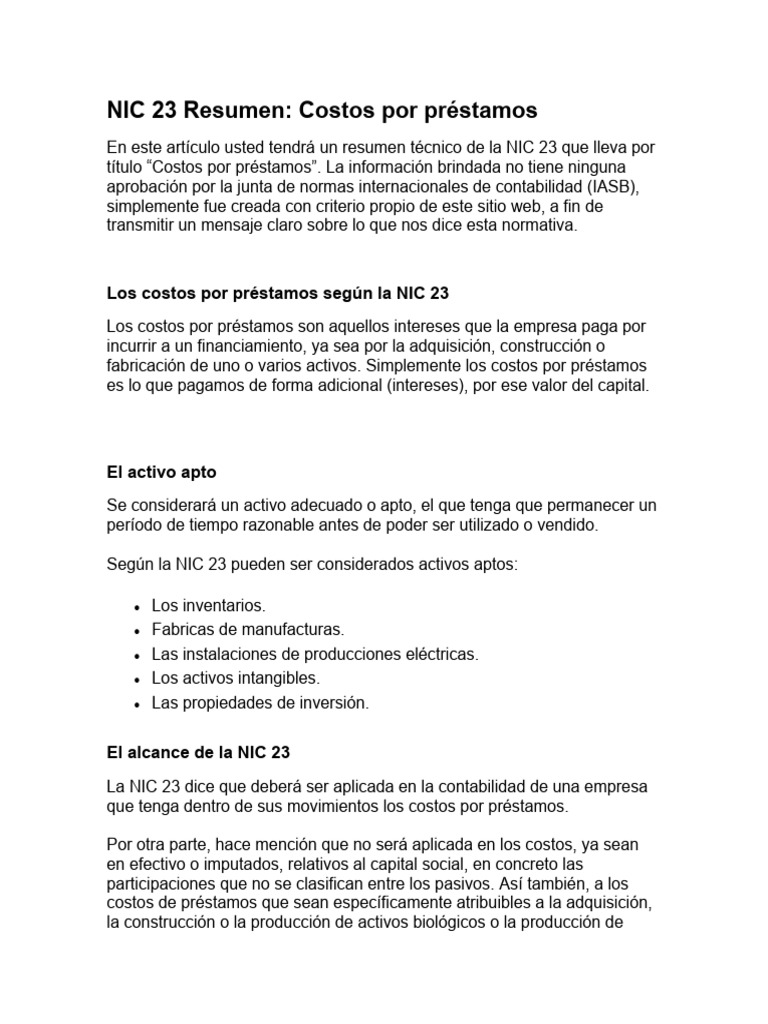 Resumen de NIC 23: Costos por Préstamos | PDF | Contabilidad | Inversiones