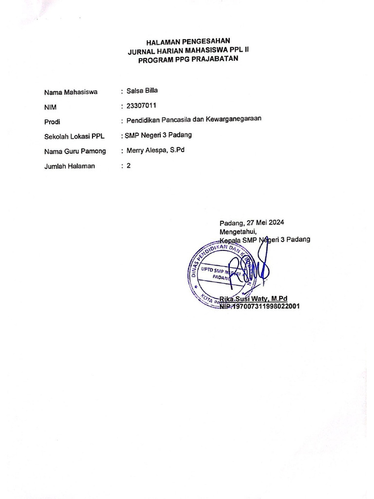 Jurnal Harian Masa Observasi PPL 2 | PDF