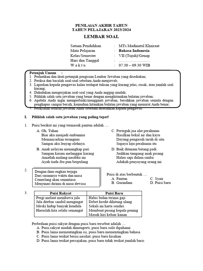 Contoh Soal PG Dan Esai Bahasa Indonesia | PDF