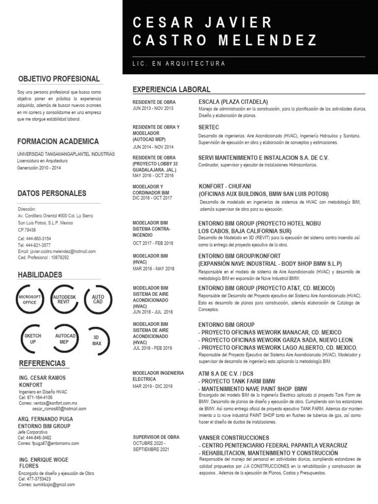 CV. Cesar Javier Castro Melendez | Descargar gratis PDF | Autodesk Revit | Autodesk