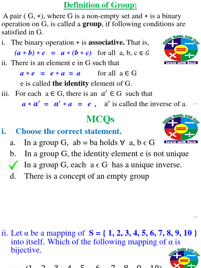 Group Theory Mcqs 1 To 20 | PDF | Group (Mathematics) | Group Theory