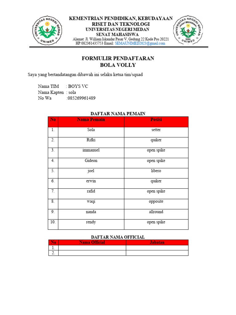 Formulir Pendaftaran Bola Volly | PDF