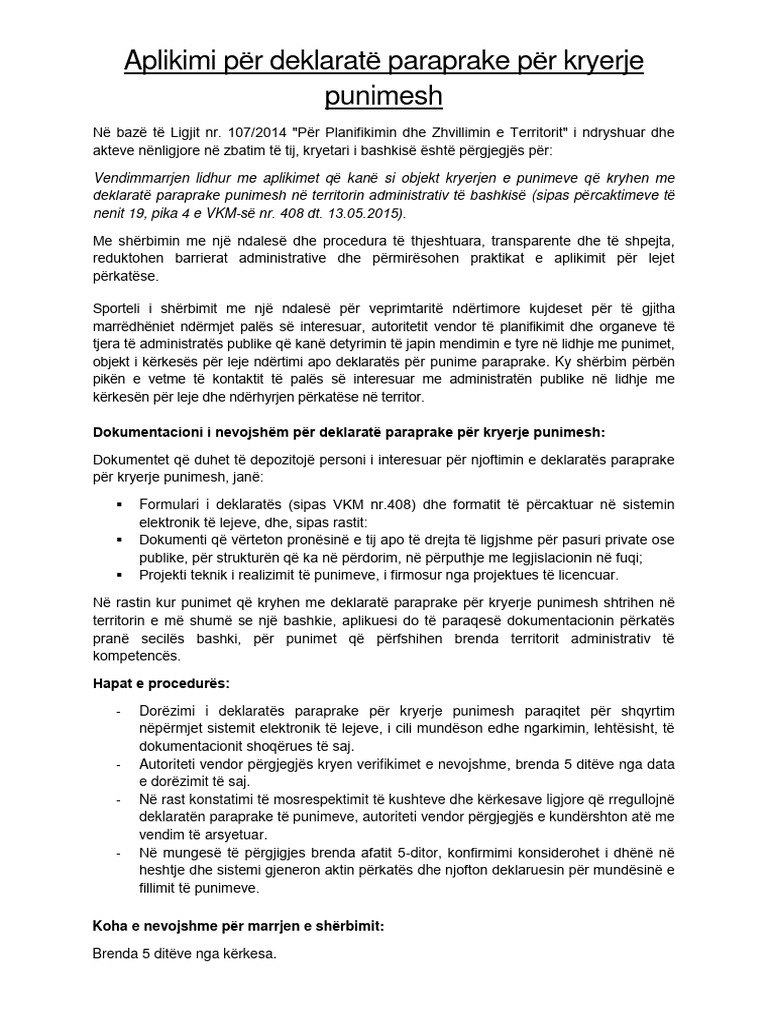 Aplikimi Per Deklarate Paraprake Per Kryerje Punimesh | PDF