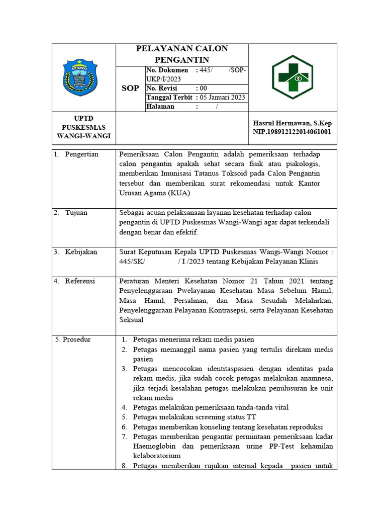 Sop Pelayanan Catin | PDF