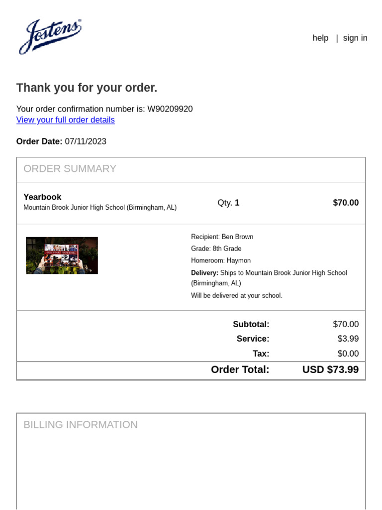 Yearbook Order Confirmation Receipt | PDF
