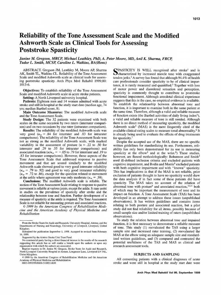 Ashwort Scale Vs Tone Assessment | PDF | Anatomical Terms Of Motion | Elbow