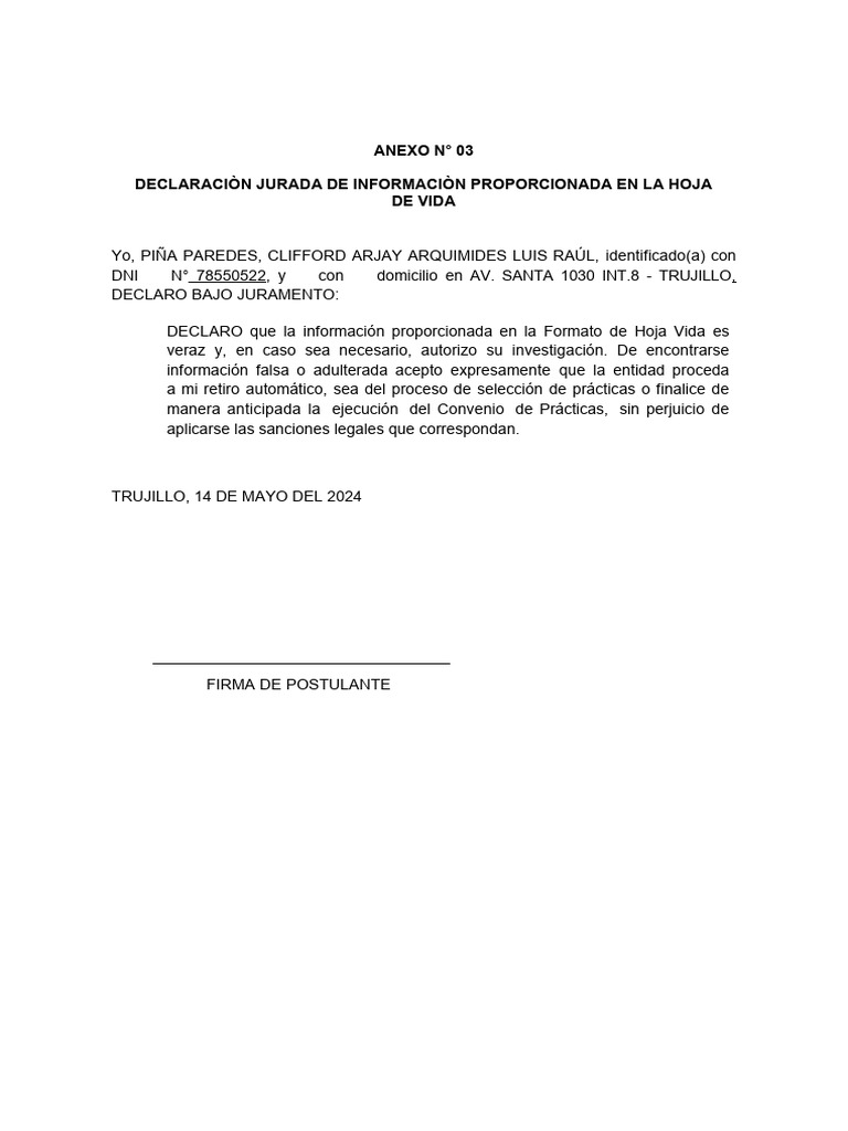 2 Formato Hoja de Vida y Declaracion Jurada | PDF | Documento de identidad | Instituciones sociales