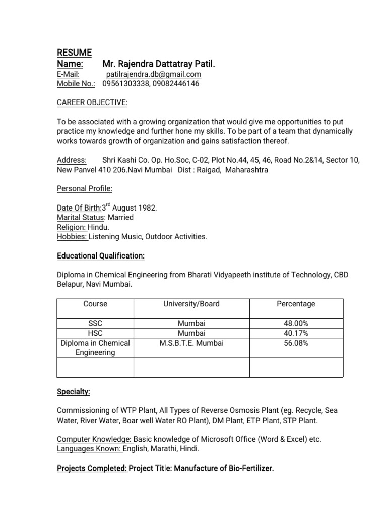 Rajendra D. Patil Resume 2023.5 | PDF | Pump | Sewage Treatment