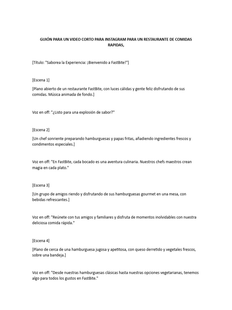 Guión para Un Video Corto para Instagram para Un Restaurante de Comidas Rapidas | PDF