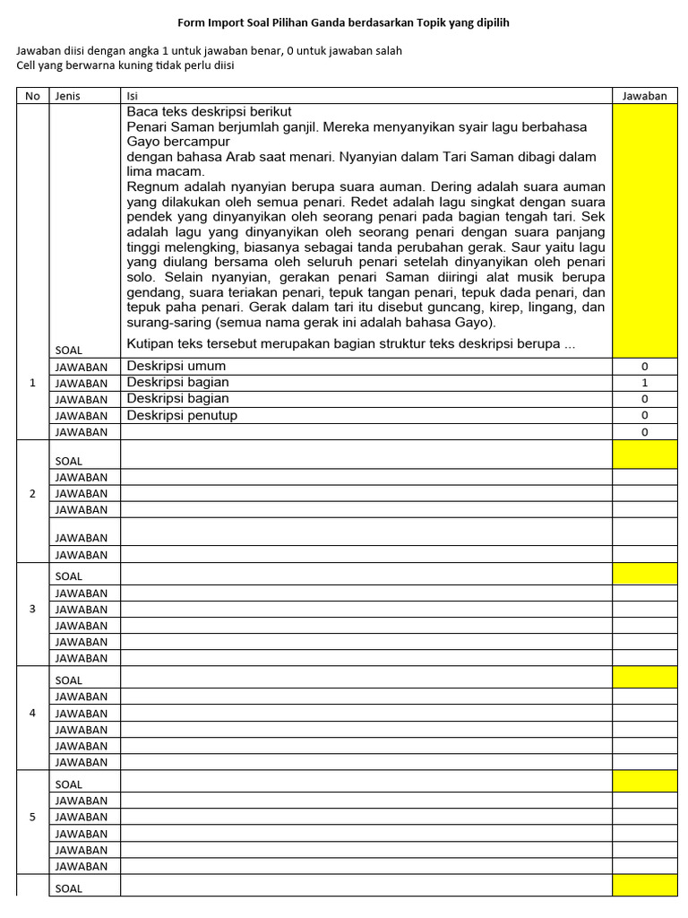 Formulir Soal Pilihan Ganda Tari Saman | PDF
