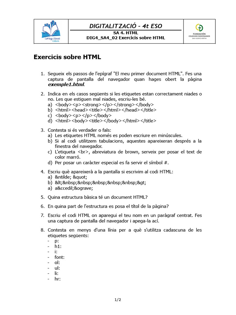DIG4 - SA4 - 02 Exercicis Sobre HTML | PDF