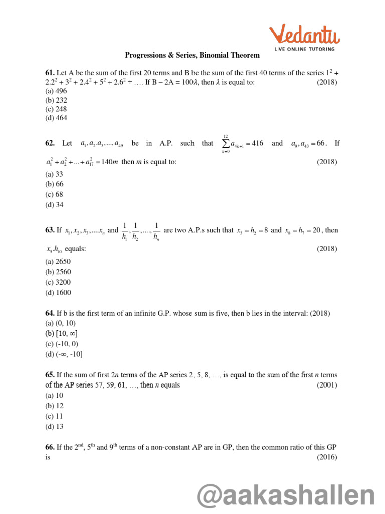 JEE - Mathematics - Progressions - Series, Binomial Theorem | PDF ... JEE - Mathematics - Progressions - Series, Binomial Theorem | PDF ...