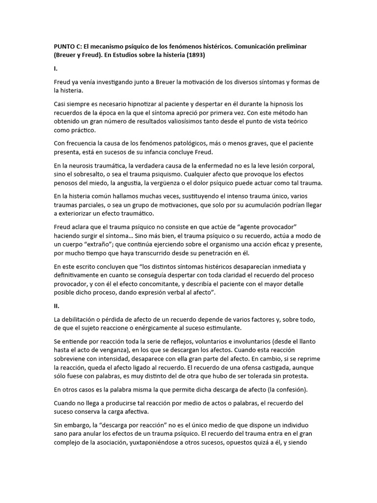 El Mecanismo Psíquico de Los Fenómenos Histéricos (1893) | PDF | Trauma psicólogico | Hipnosis
